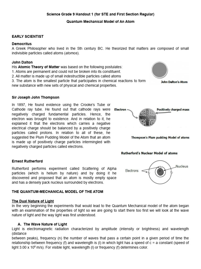 Science Grade 9 Handout 1 Quantum Mechanical Model | PDF | Emission ...