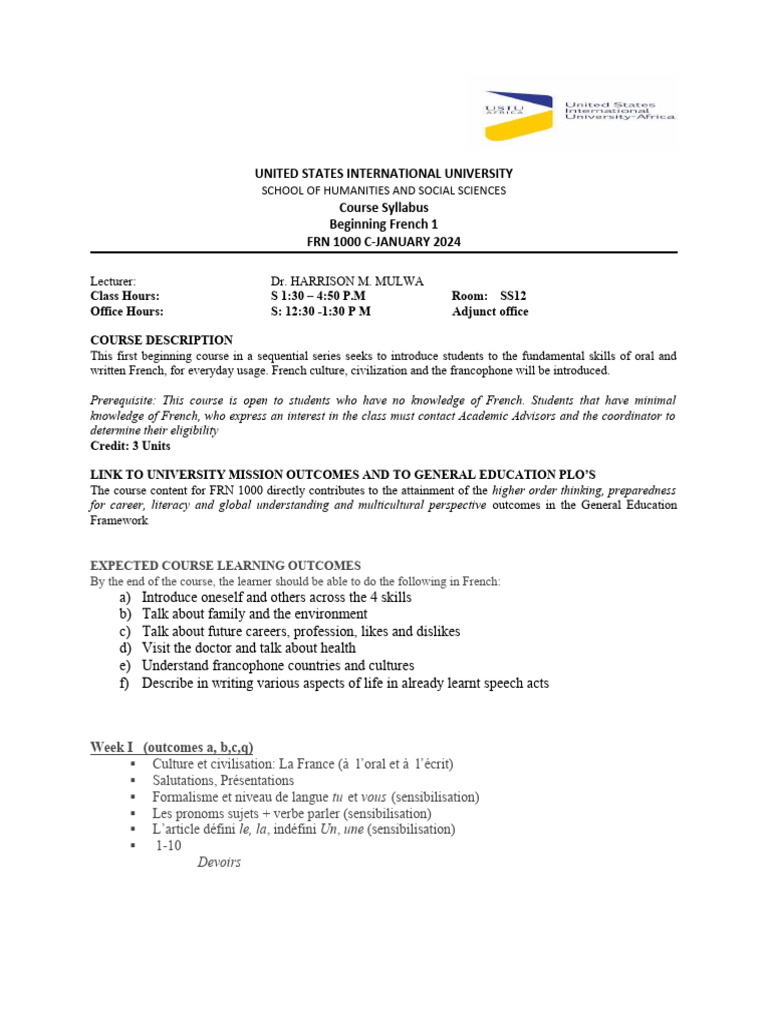 FRN 1000 C - Course Outline-Spring | PDF | Learning | French Language