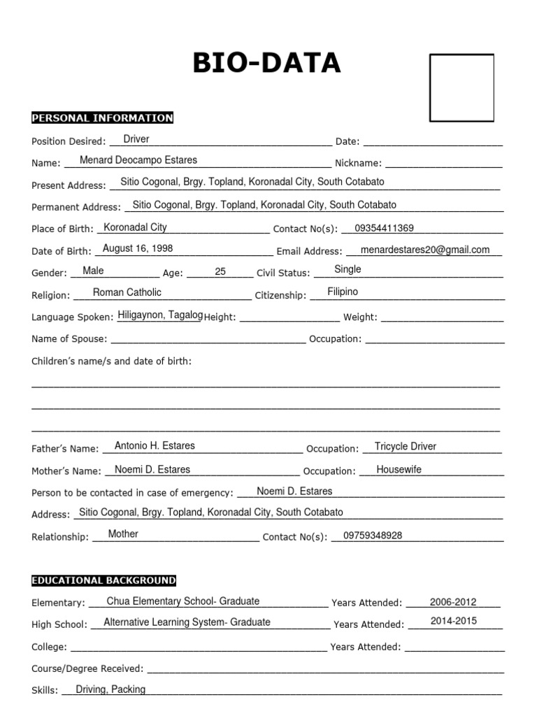 Biodata Template Philippines | PDF