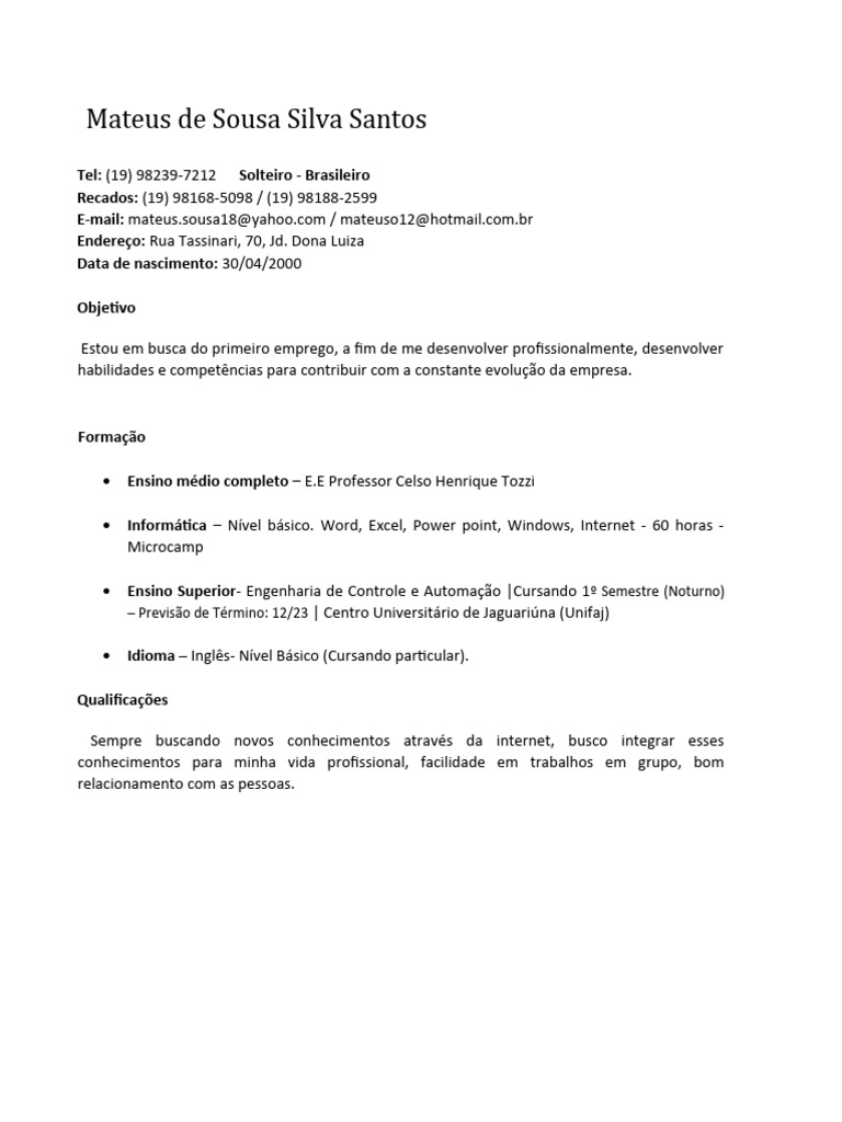 Mateus de Sousa Silva Santos CV | PDF | Carreira e Crescimento