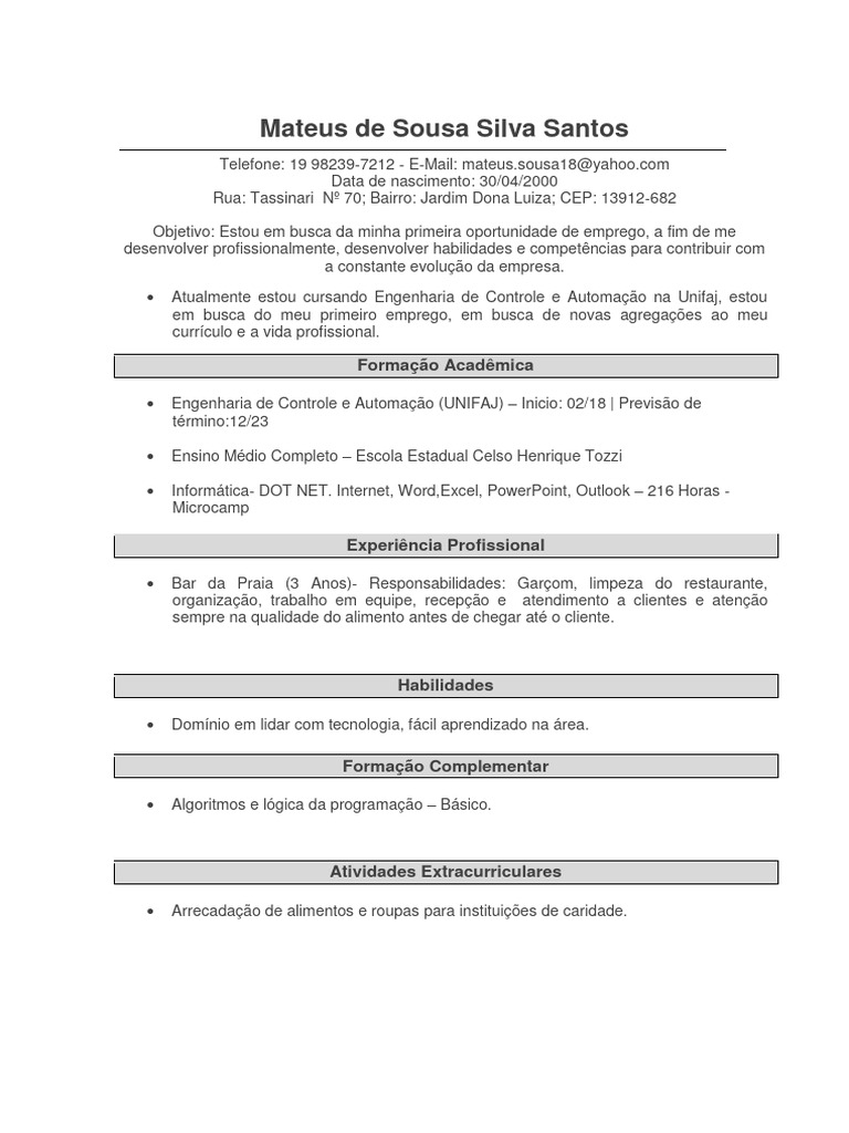 Mateus de Sousa Silva Santos CV | PDF