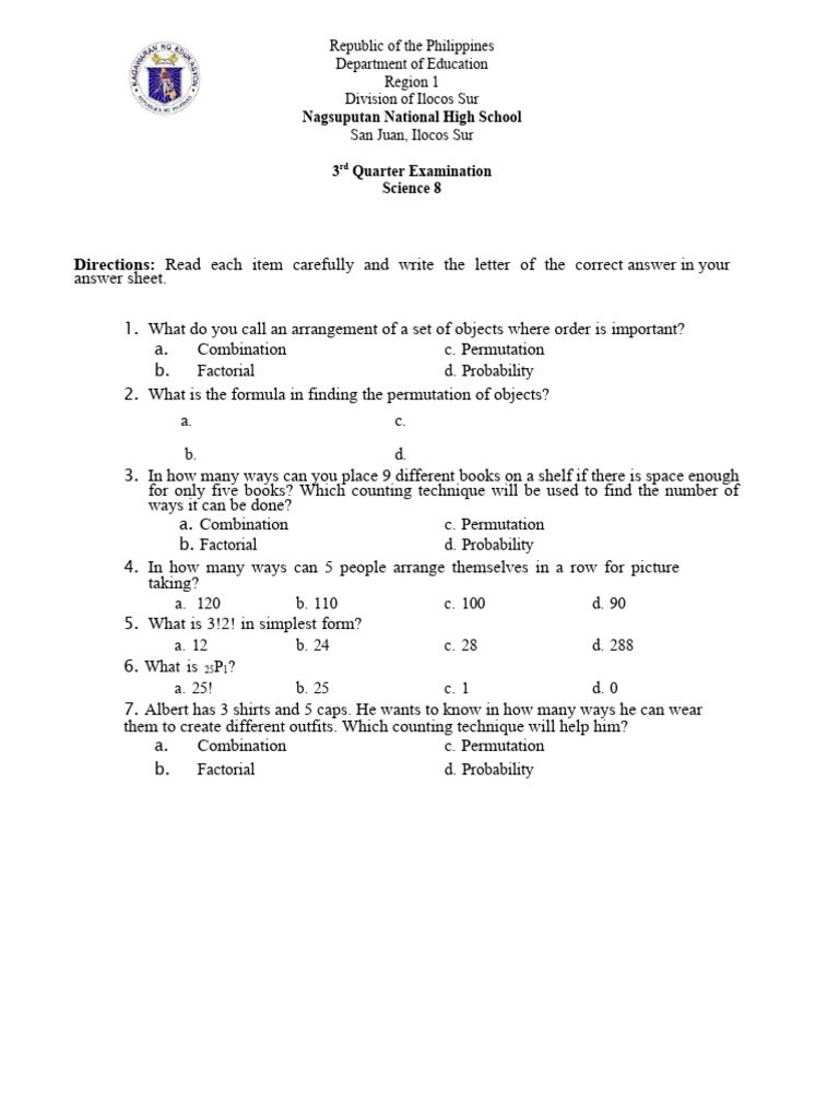 Grade 10 Exam Math | PDF | Permutation | Probability