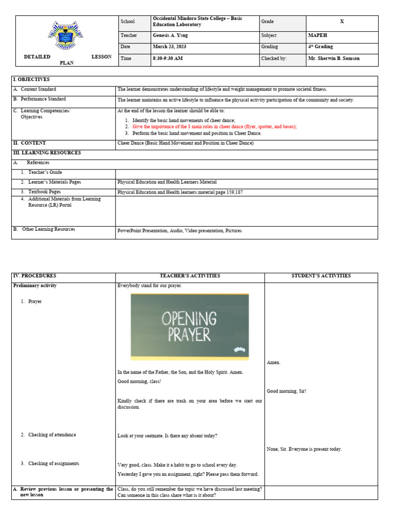 Lesson Plan Mapeh 10 Ysug Genesis Alcones | PDF | Dances | Cheerleading