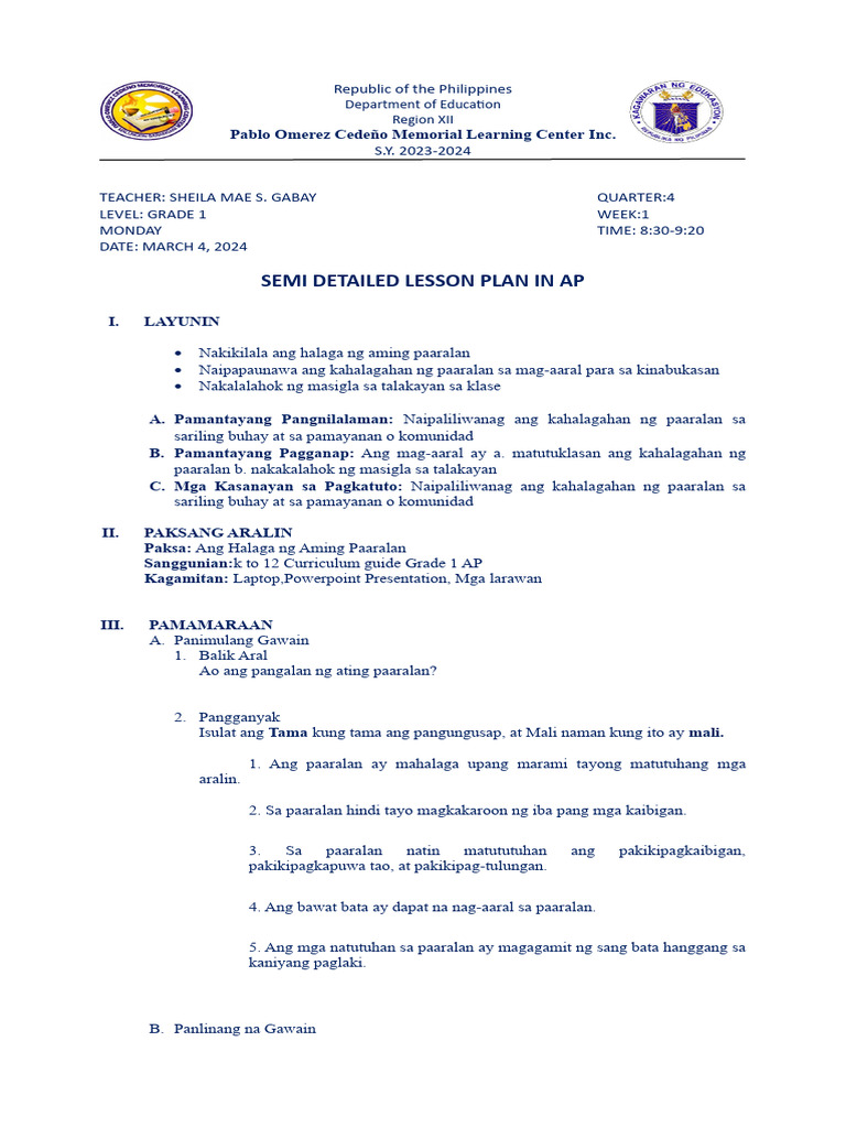 Semi Detailed Lesson Plan in Ap: Department of Education Region XII | PDF