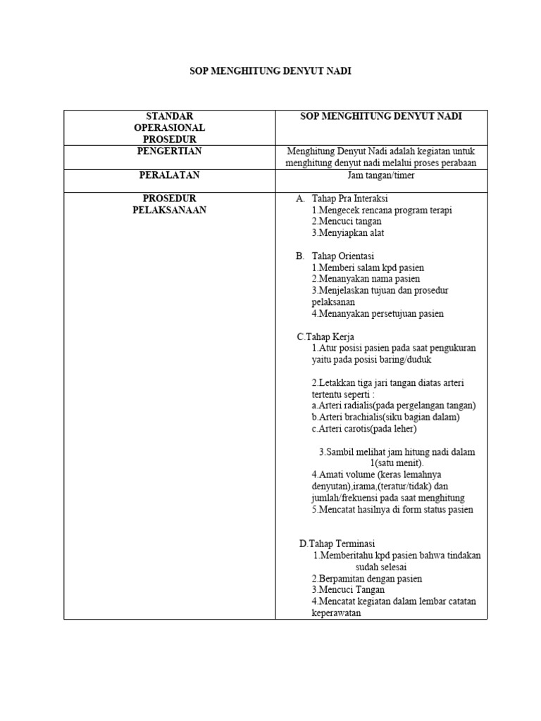 SOP Menghitung Denyut Nadi Pasien | PDF | Sains & Matematika