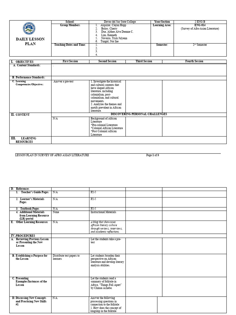 Afro-Asian Literature Lesson Plan | PDF | Social Science | Language ...