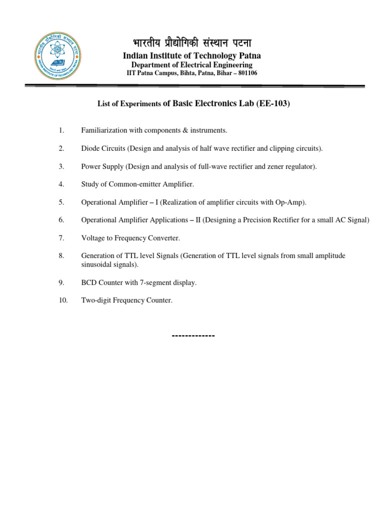List of Experiment Basic Electronics Lab | PDF