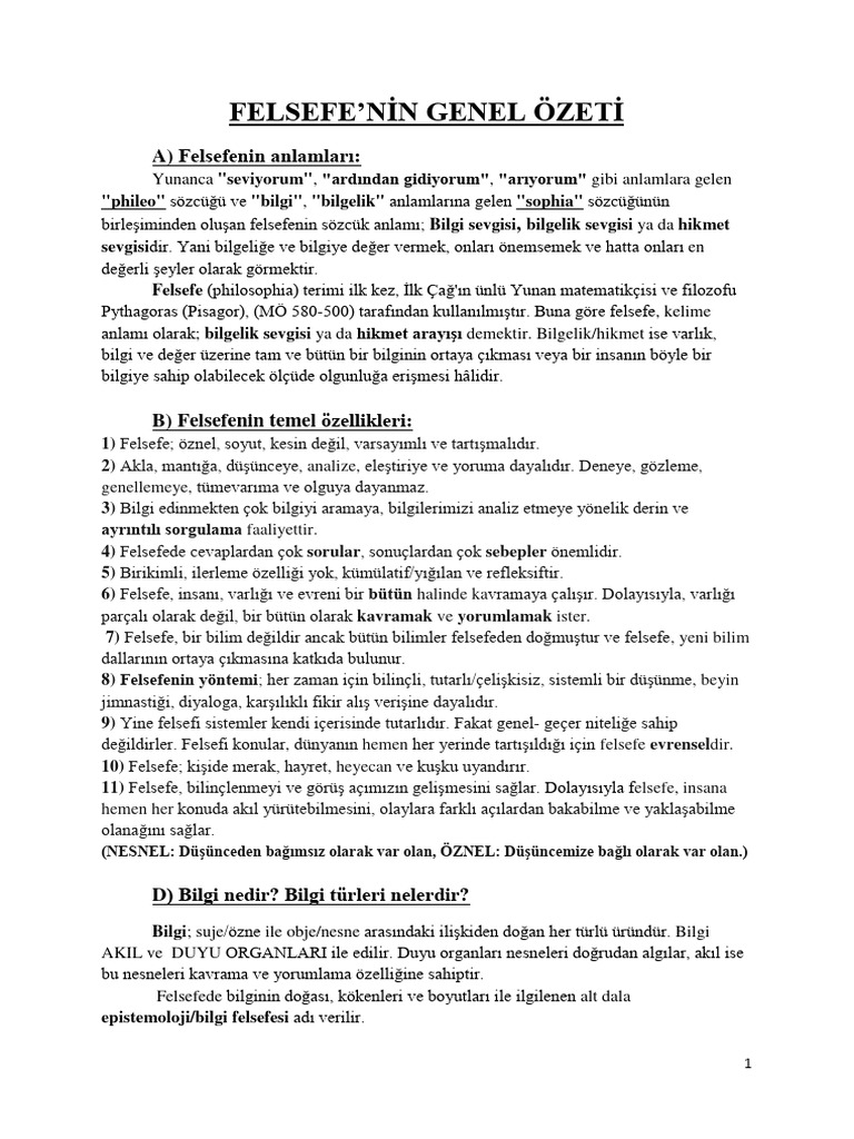 Felsefe Ders Notu 1. | PDF