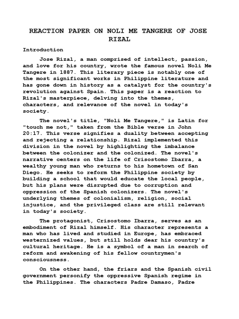 REACTION PAPER ON NOLI ME TANGERE OF JOSE RIZAL | PDF | Philippines ...