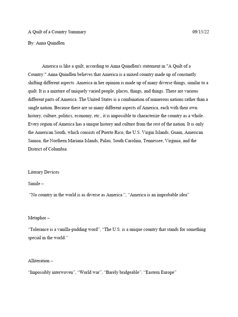 A Quilt of A Country Summary and Literary Devices | PDF
