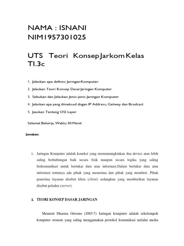 1UTS Teori Konsep Jarkom Kelas TI | PDF