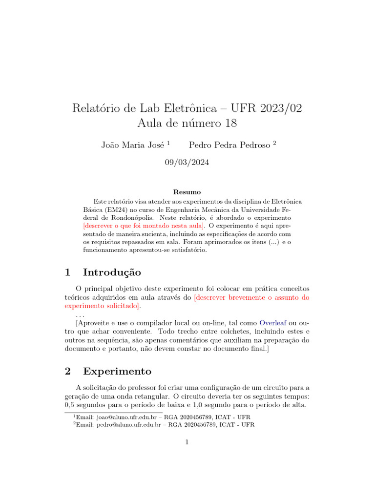(modelo)_relatorio-aulas_Lab_EB_UFR_v02 | PDF | Engenharia Elétrica | Eletrônicos