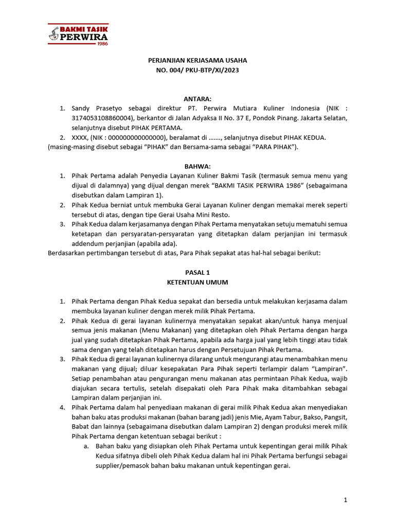 Kerjasama Usaha Bakmi Tasik Perwira | PDF