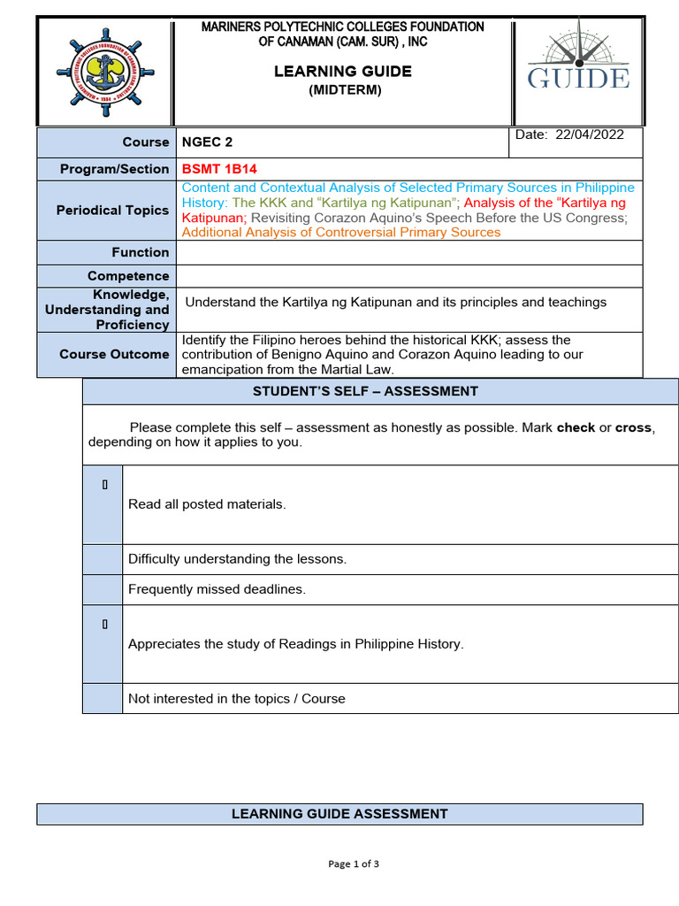 NGEC 2 Midterm - Student Learning Guide | PDF | Cognition | Learning