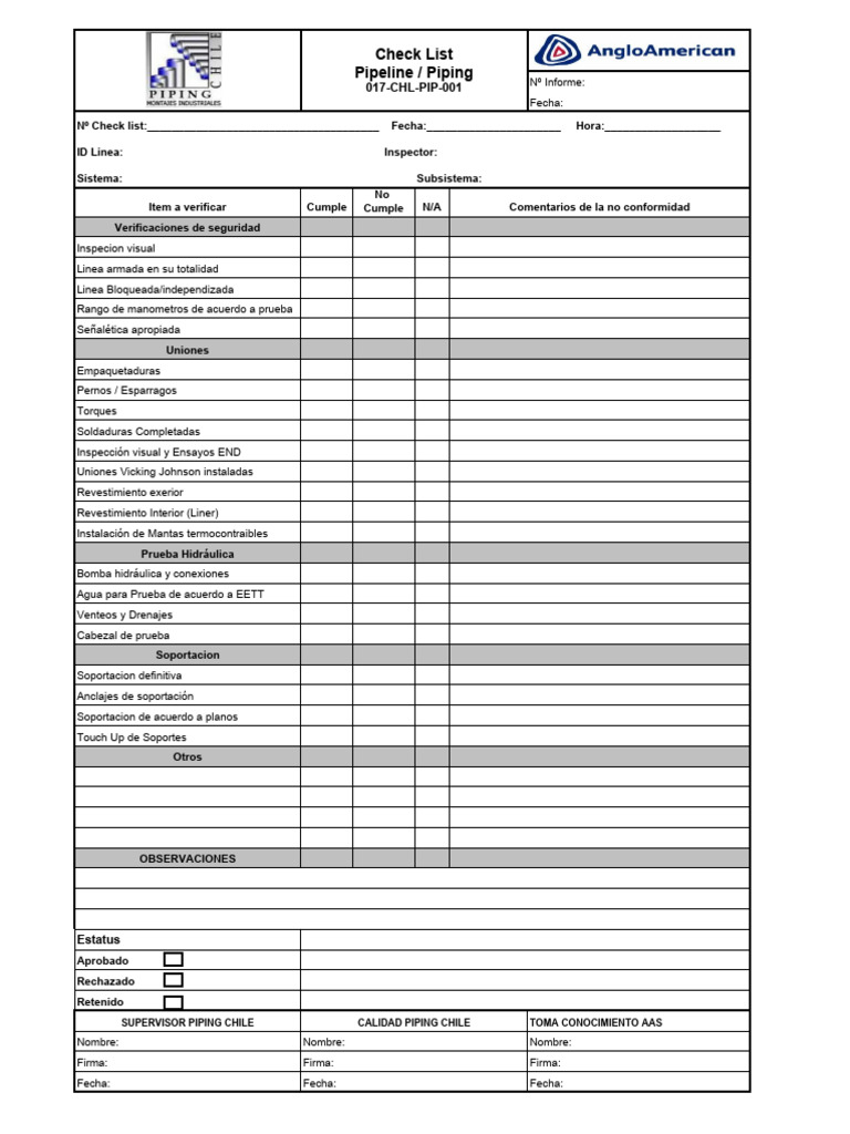 017-CHL-PIP-001 - Check-List Pipeline-Piping | PDF