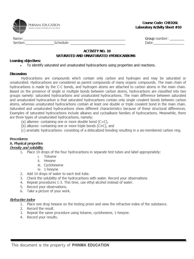 Saturated vs. Unsaturated Hydrocarbons | PDF | Alkene | Hydrocarbons
