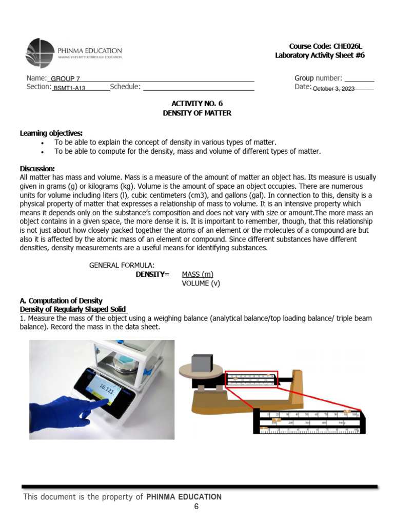 Copy4 CHE 026L LAS 6 Density of Matter | PDF