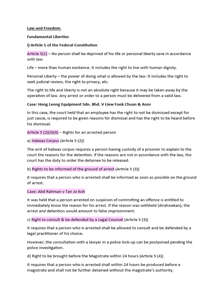 Notes Fundamental Liberties Malaysia | PDF | Detention (Imprisonment ...