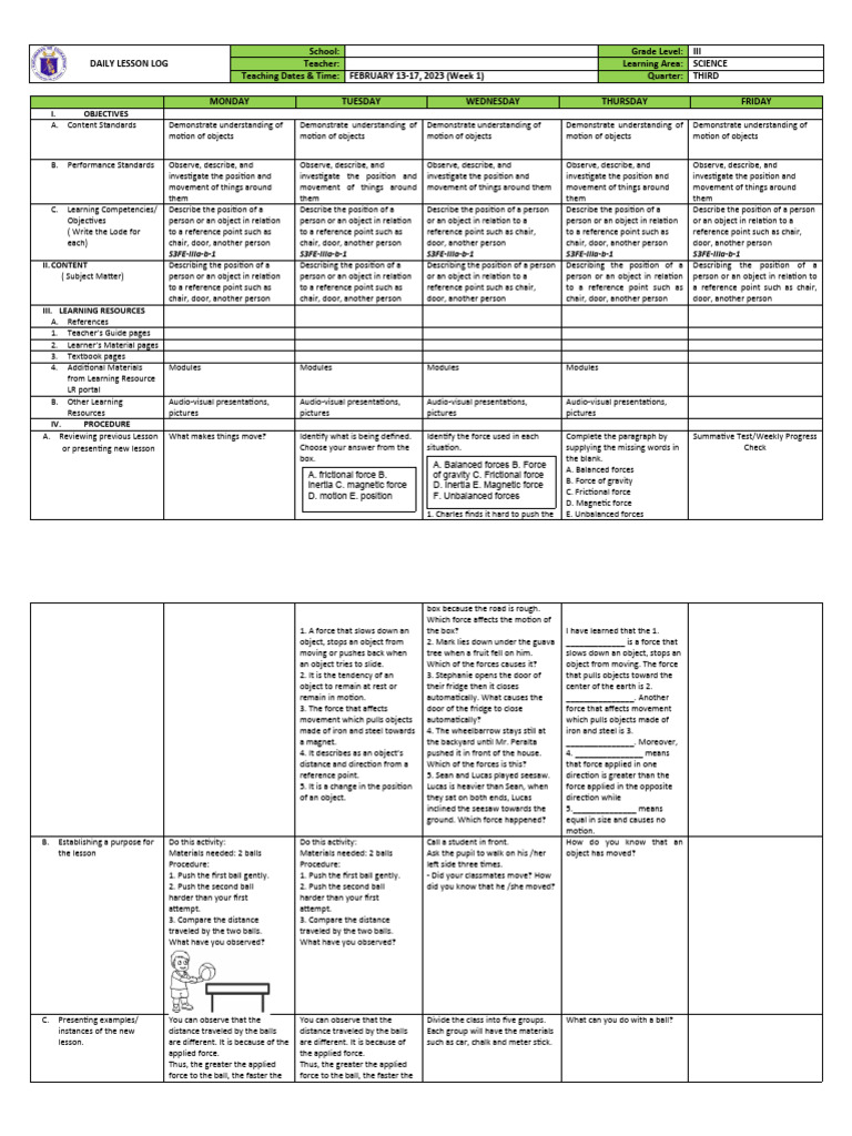 DLL - Science 3 - Q3 - Week 1 | PDF | Force | Friction