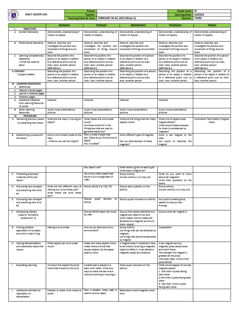 DLL - Science 3 - Q3 - Week 2 | PDF | Learning | Magnet