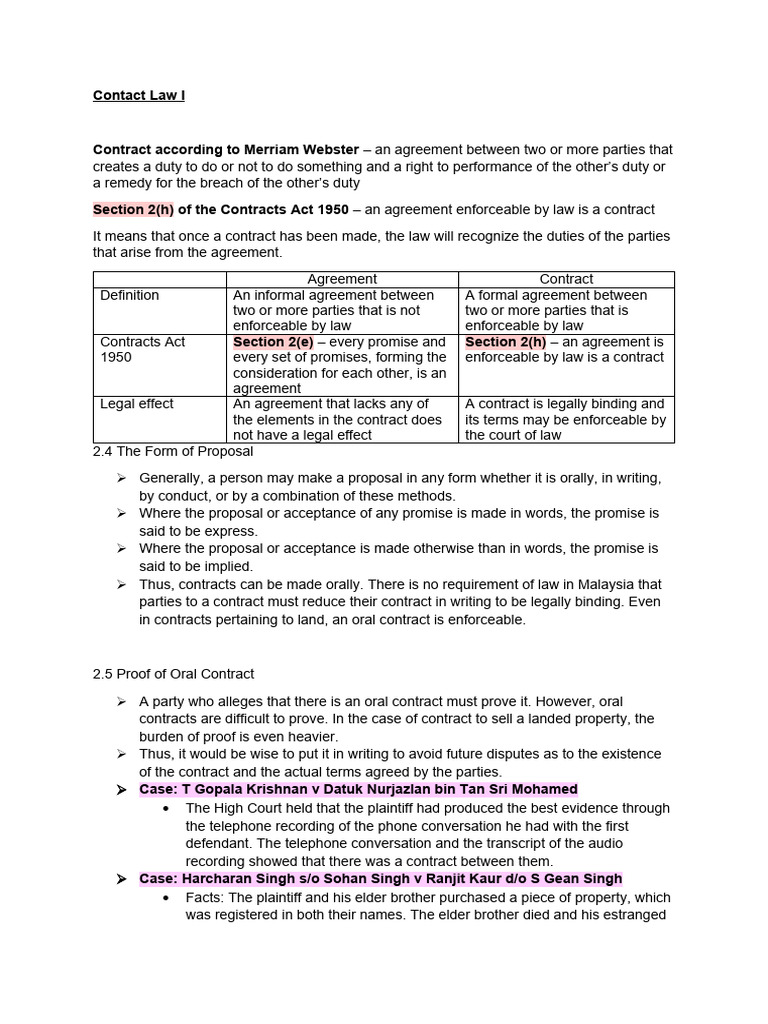 Contract Law Notes I | PDF | Offer And Acceptance | Consideration