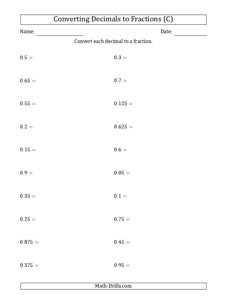 Convert Decimals to Fractions Worksheet | PDF