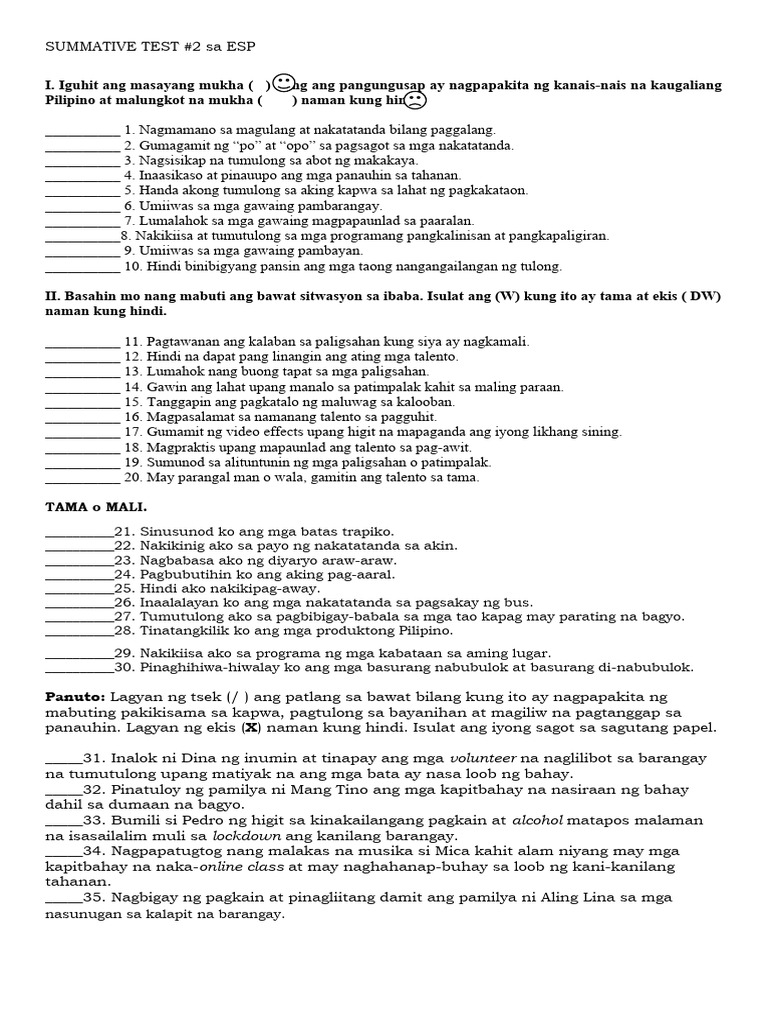 SUMMATIVE TEST in ESP #2 | PDF