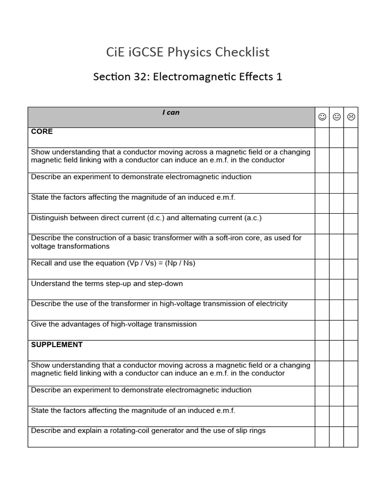 CiE iGCSE Physics Checklist Section 32 | PDF