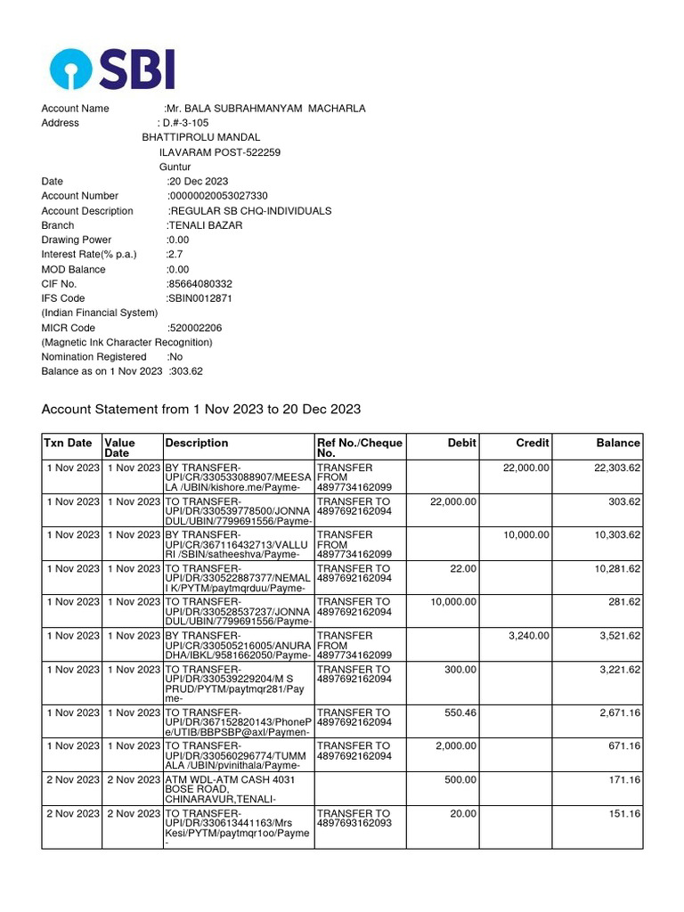 Account Statement From 1 Nov 2023 To 20 Dec 2023: TXN Date Value Date ...