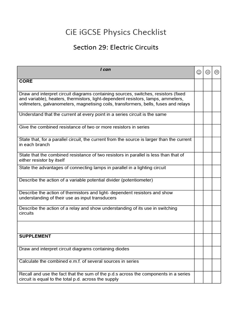 CiE iGCSE Physics Checklist Section 29 | PDF