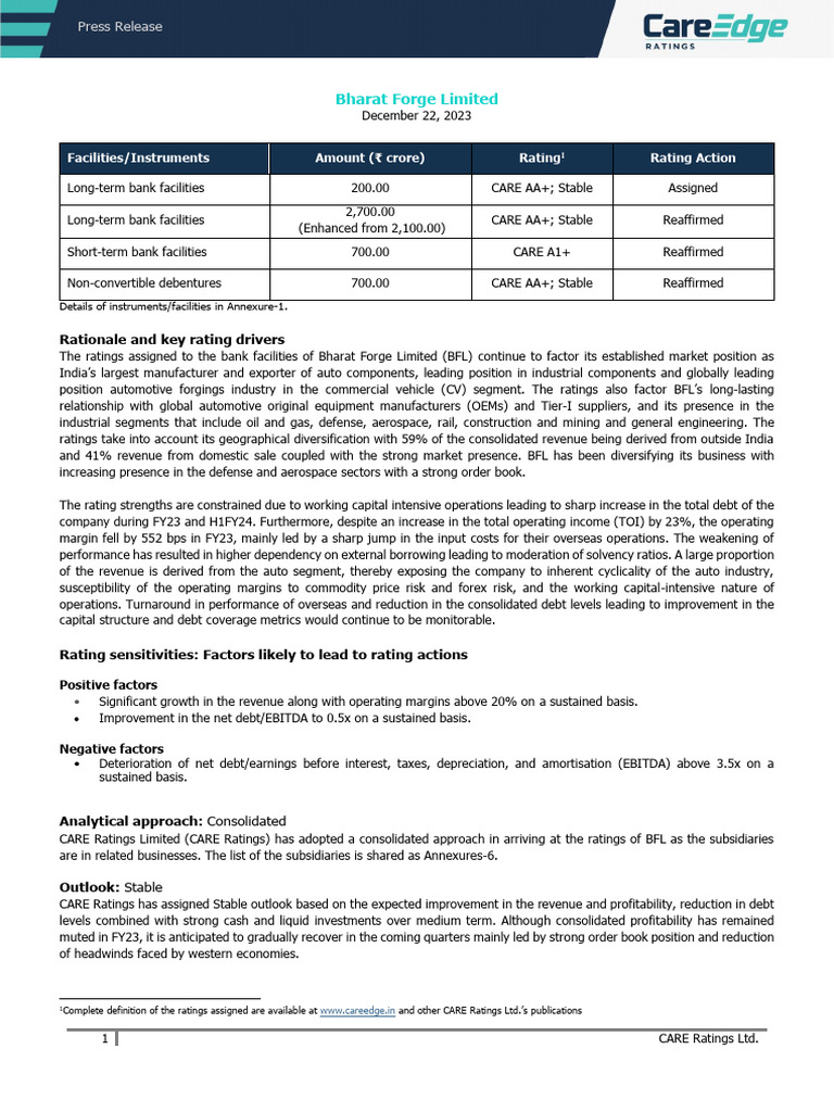 Bharat Forge Ratings Update December 2023 | PDF | Financial Capital ...
