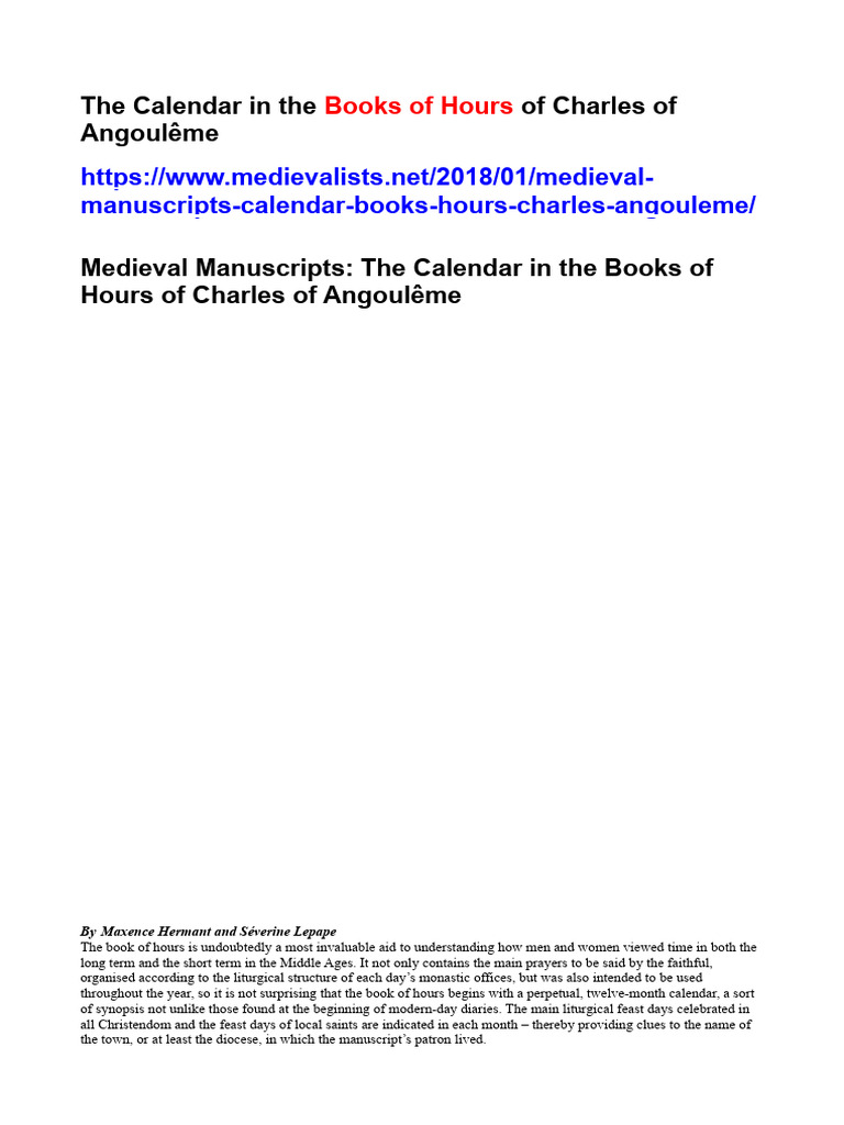 The Calendar in the Books of HOURS | PDF | Janus