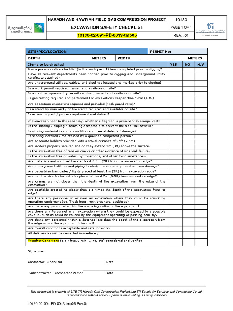 Excavation Safety Checklist for Gas Projects | PDF