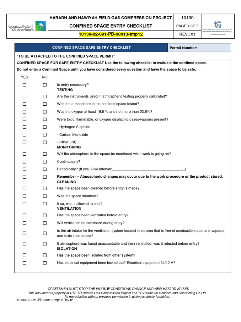 10130-02-091-PD-0013-tmp12-Confined Space Safe Entry Checklist | PDF | Occupational Safety And ...