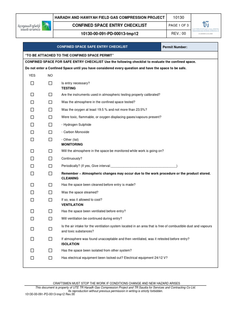 CONFINED SPACE entry checklist | PDF | Occupational Safety And Health ...