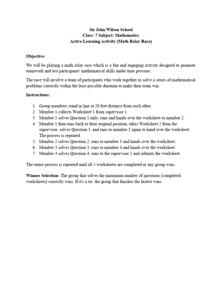 Math Relay Race for Class 7 | PDF