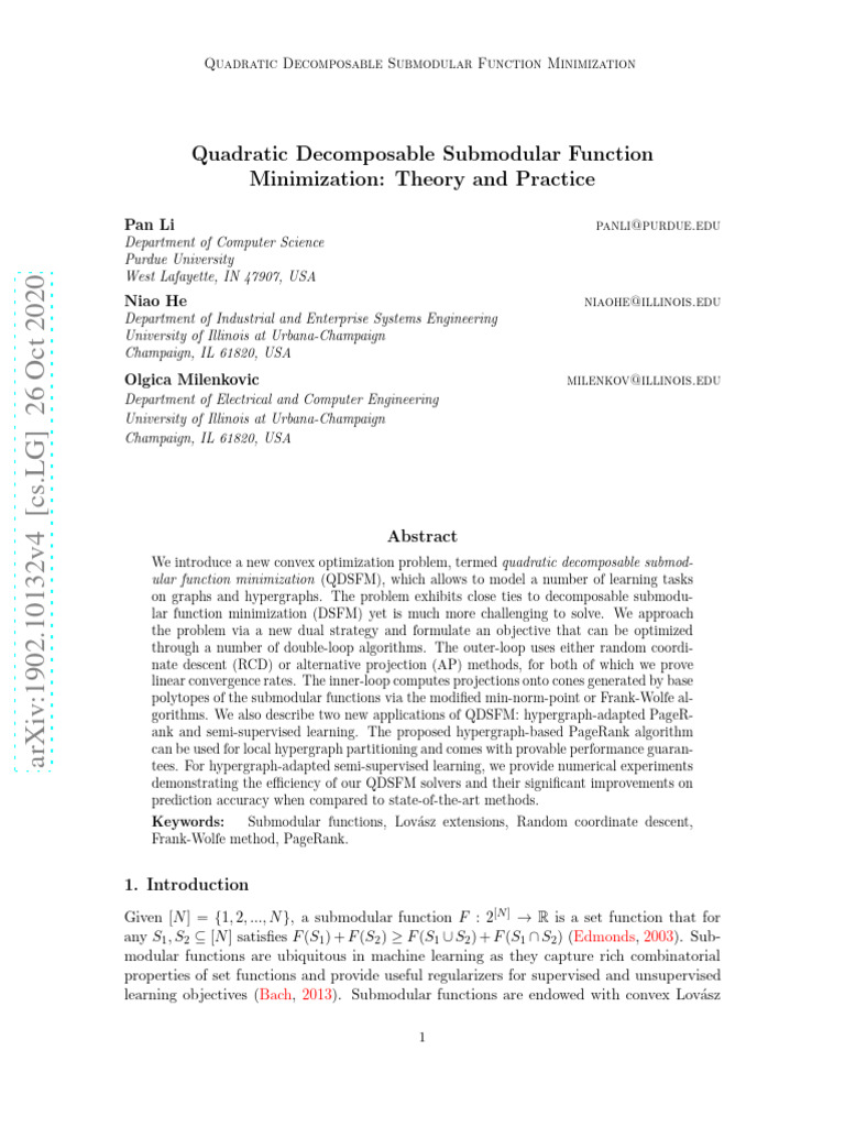 Quadratic Decomposable Submodular Function Minimization: Theory and Practice | PDF ...
