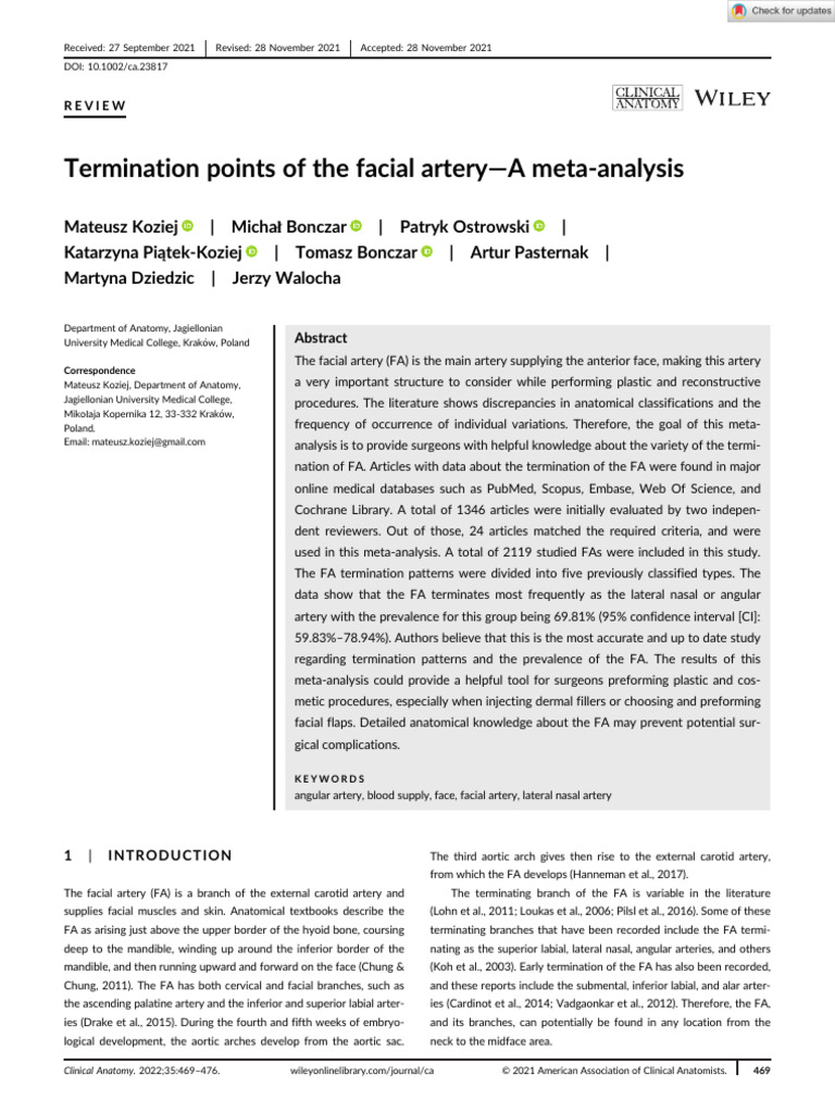 Clinical Anatomy - 2021 - Koziej - Termination Points of The Facial Artery A Meta Analysis | PDF ...
