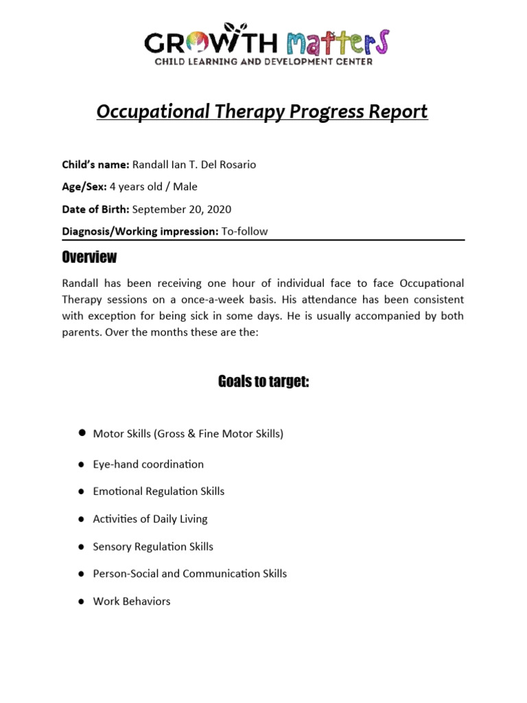 OT Progress Report Randall | PDF | Psychotherapy | Occupational Therapy