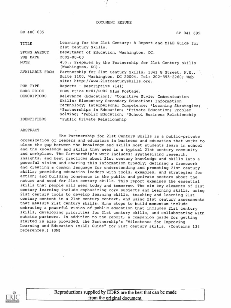 1W. The Partnership For 21st Century Skills (2002) - Learning For The 21st Century. | PDF ...