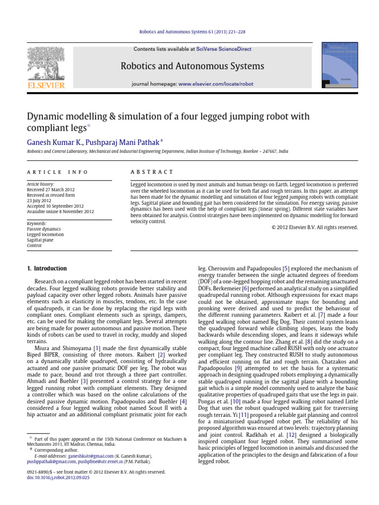 Dynamic modelling & simulation of a four legged jumping robot with compliant legs | PDF ...