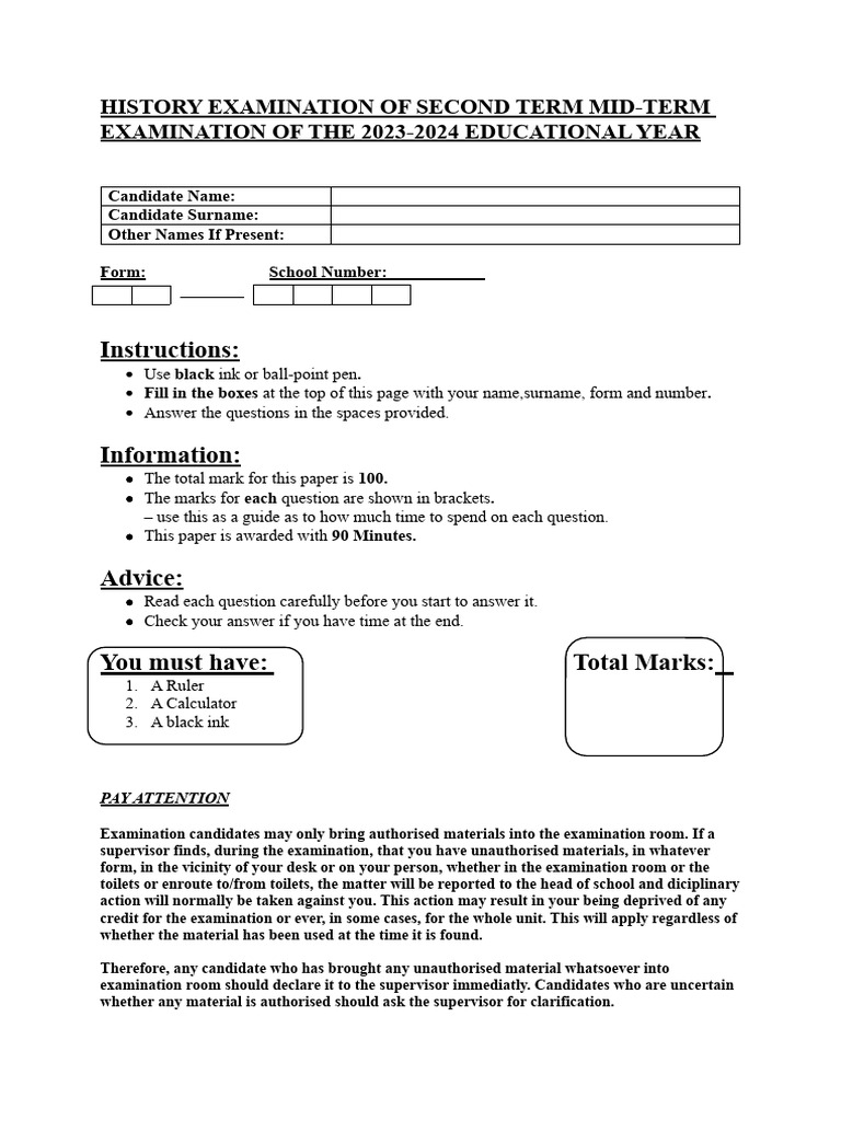 History Examination of Second Term Mid | PDF | New Deal | United ...