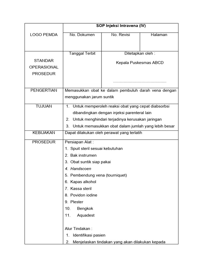 SOP Injeksi Intravena (IV) | PDF | Kesehatan Holistik | Sains & Matematika
