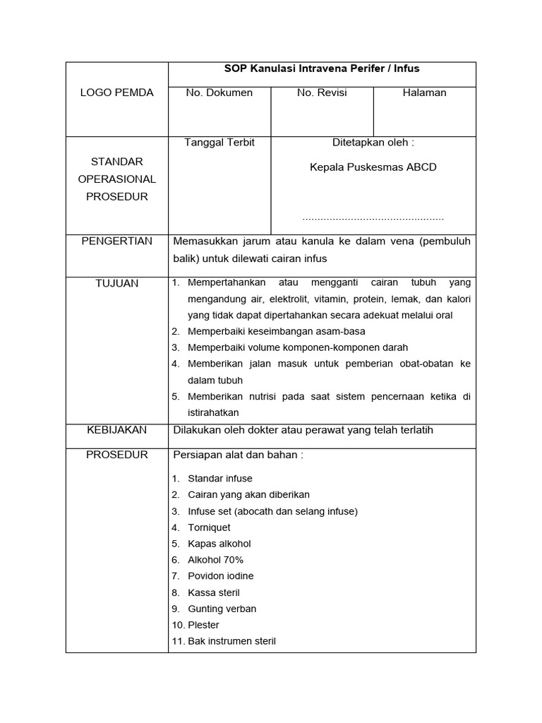 SOP Kanulasi Intravena Perifer atau Infus | PDF