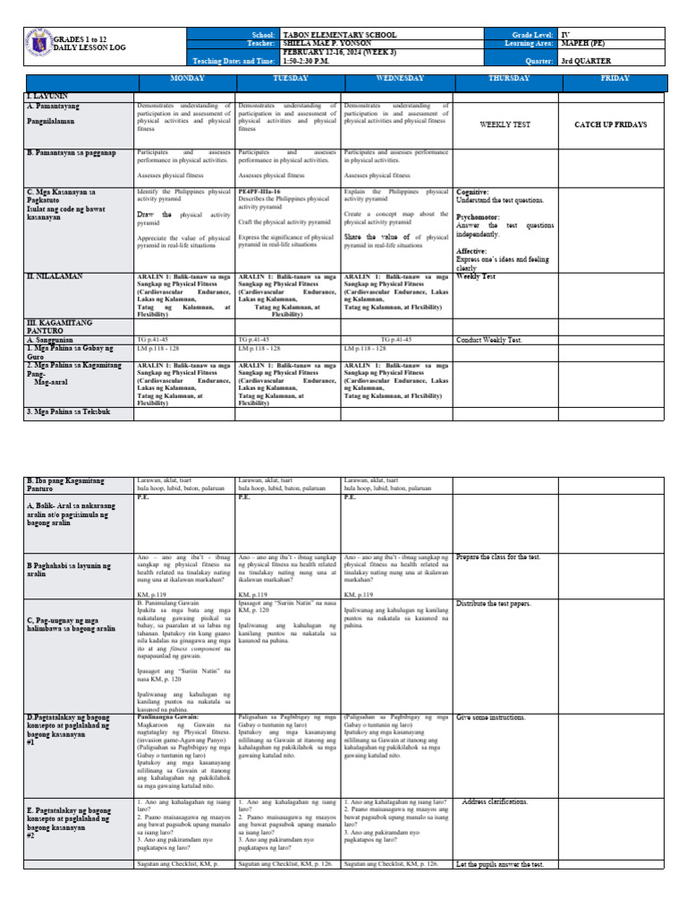 DLL Mapeh 4 q3 w3 Yonson | PDF | Psychological Concepts | Learning