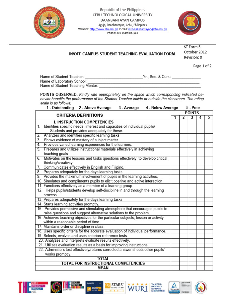 Inoff Campus Student Teaching Evaluation Form | PDF | Learning | Integrity
