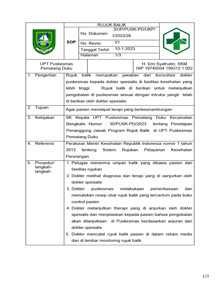 CONTOH SOP OK RUJUK BALIK | PDF