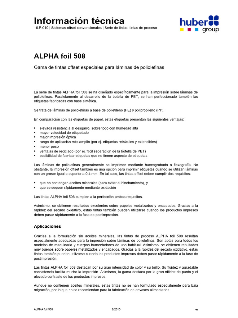 Tintas ALPHA foil 508 para poliolefinas | PDF | Materiales | Diseño gráfico