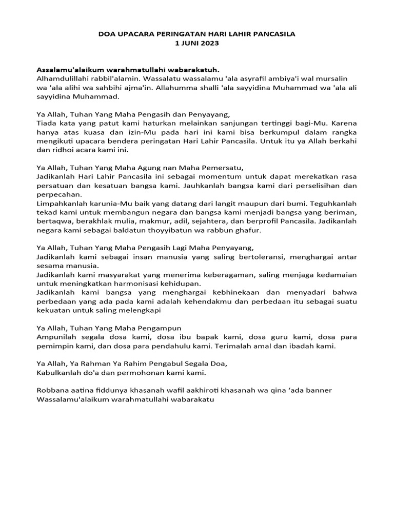 Doa Upacara Hari Lahir Pancasila 2023 | PDF