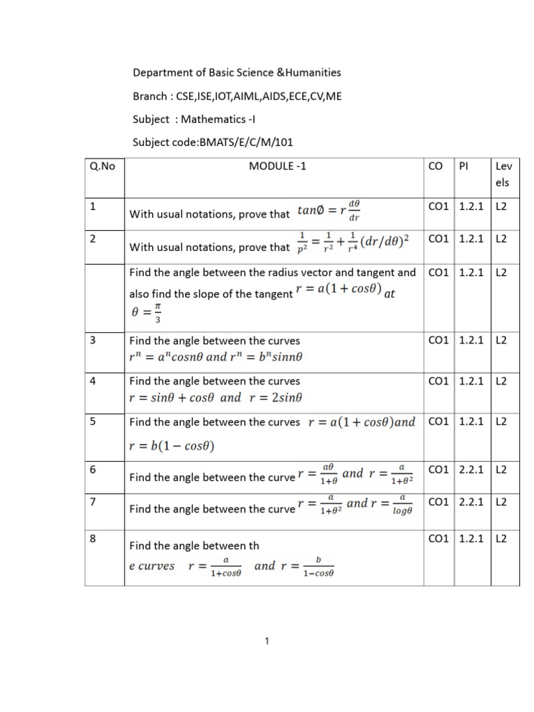 Module 1 QB | PDF | Curvature | Trigonometric Functions